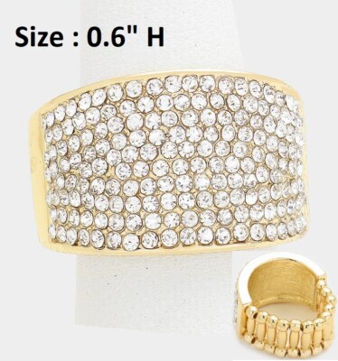 Wide Statement Cocktail Party Prom Ring Crystal Rhinestone Stretch Gold ...