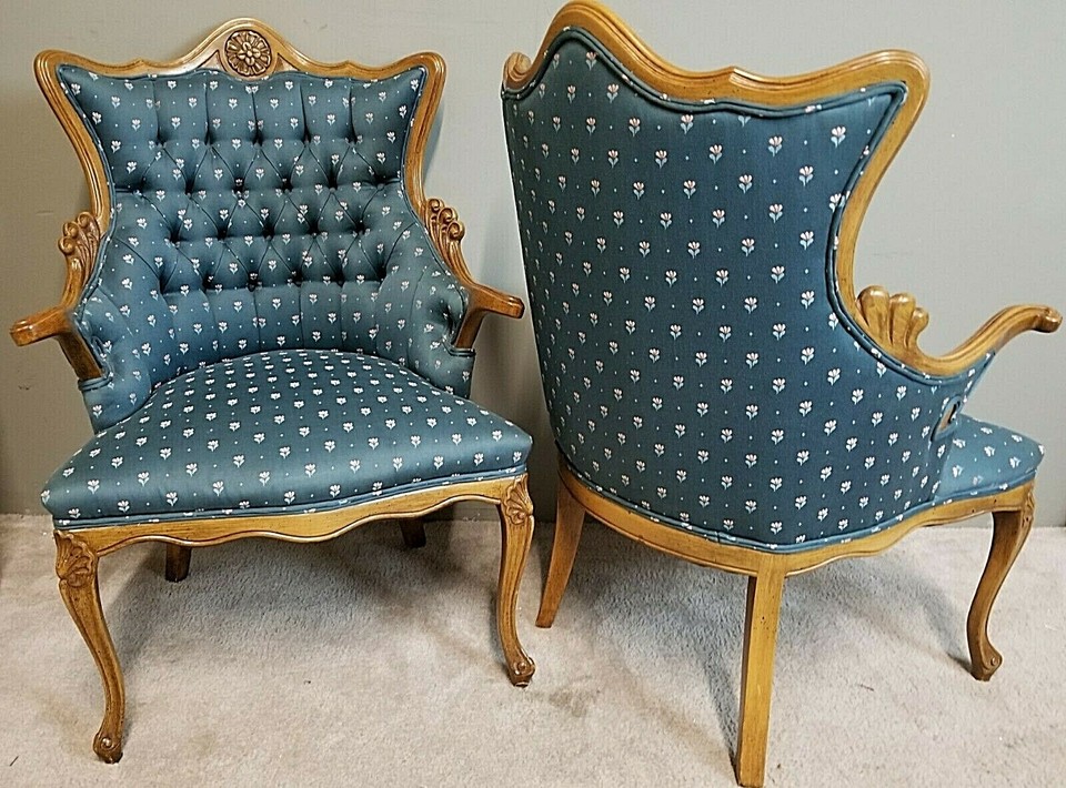 (2) French Provincial Fauteuil Carved Wood Upholstered Accent Chairs ...