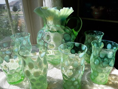 Antique Fenton Lime Coin Dot Opalescent Pitcher Set! STUNNING!! MINT ...