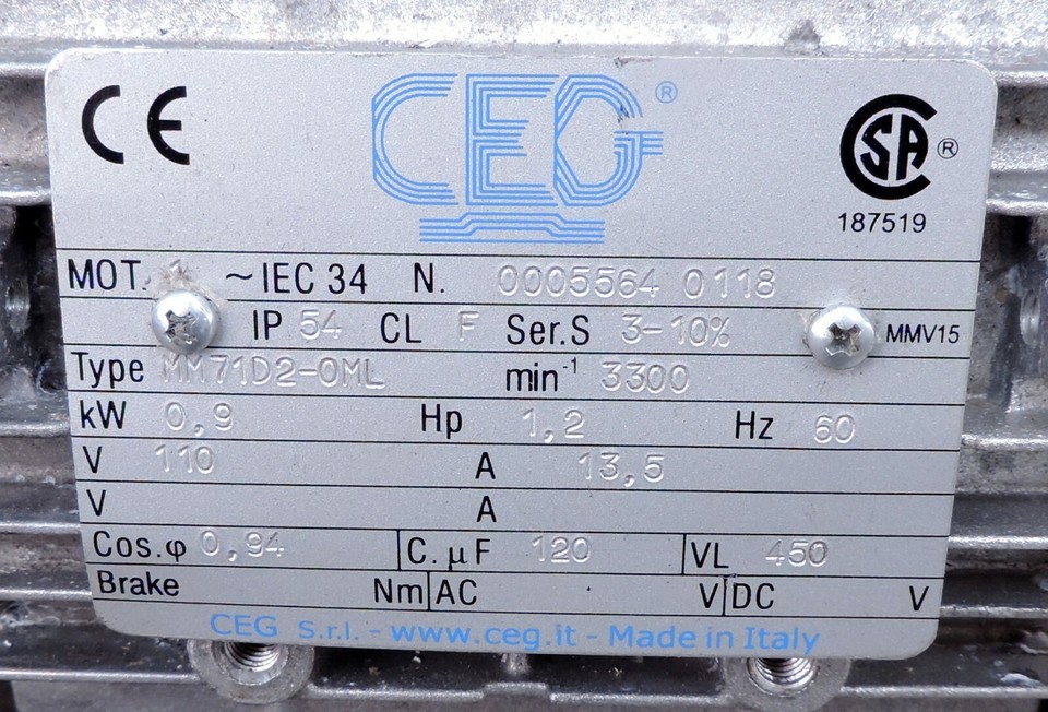 CEG Electric Motor 0.9 KW Speed 3300 RPM 110 vac 0005564 0118 MM71D2 ...