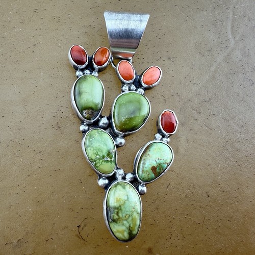 Navajo Sterling Silver And Turquoise Cactus Pendant Native American ...
