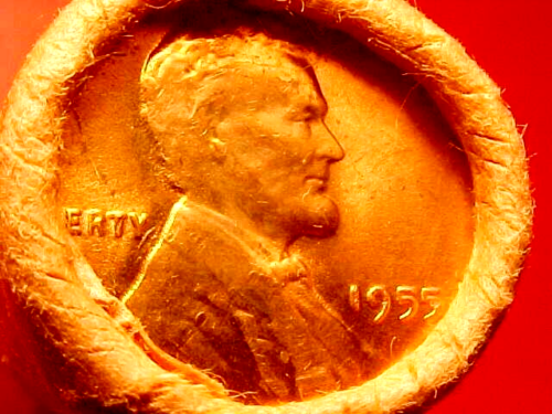 1955-P OBW ORIGINAL BANK WRAPPED ROLL UNCIRCULATED+ LINCOLN WHEAT CENT ...