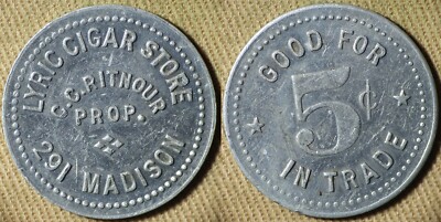 Token : GF 5 Ct. Lyric Cigar Store C.C. Ritnour Prop. 29 mm, AL ...