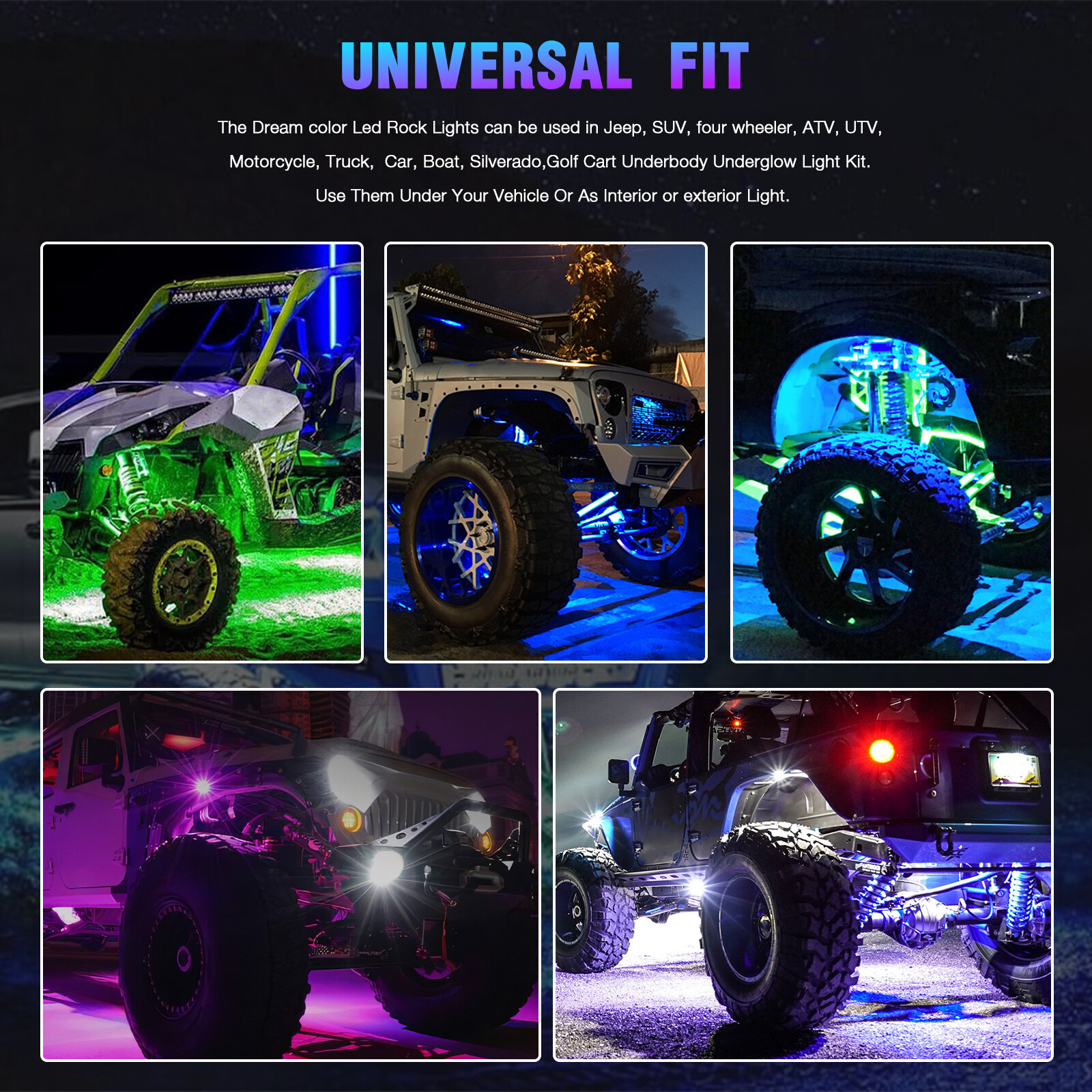 2X 3ft Lighted Spiral COB LED Whip Antenna w/Flag + 10X RGB Rock Lights ...