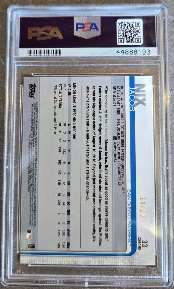 2019 Topps Chrome Sapphire Orange Refractor 14/25 #33 Jacob Nix PSA 10 ...