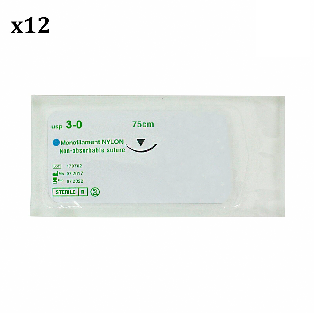 Nylon Monofilament Sterile Sutures 3/0 20mm 3/8 Circle Reverse 12 PCS L ...