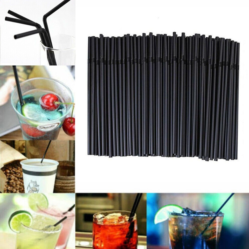 Plastic Flexible Straws Bendy Black Recyclable Drinking Cocktail Straws ...
