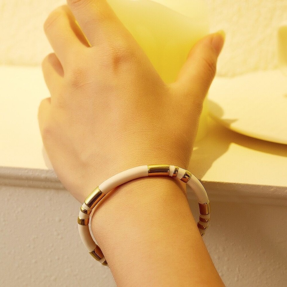 Woman 18k Gold Plated Stainless Steel Enamel Opening Bracelet Bangle ...