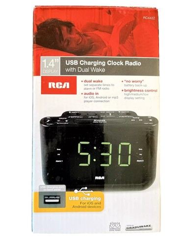RCA Dual Alarm USB Charging FM Clock Radio( AUX & Battery Backup) NEW ...