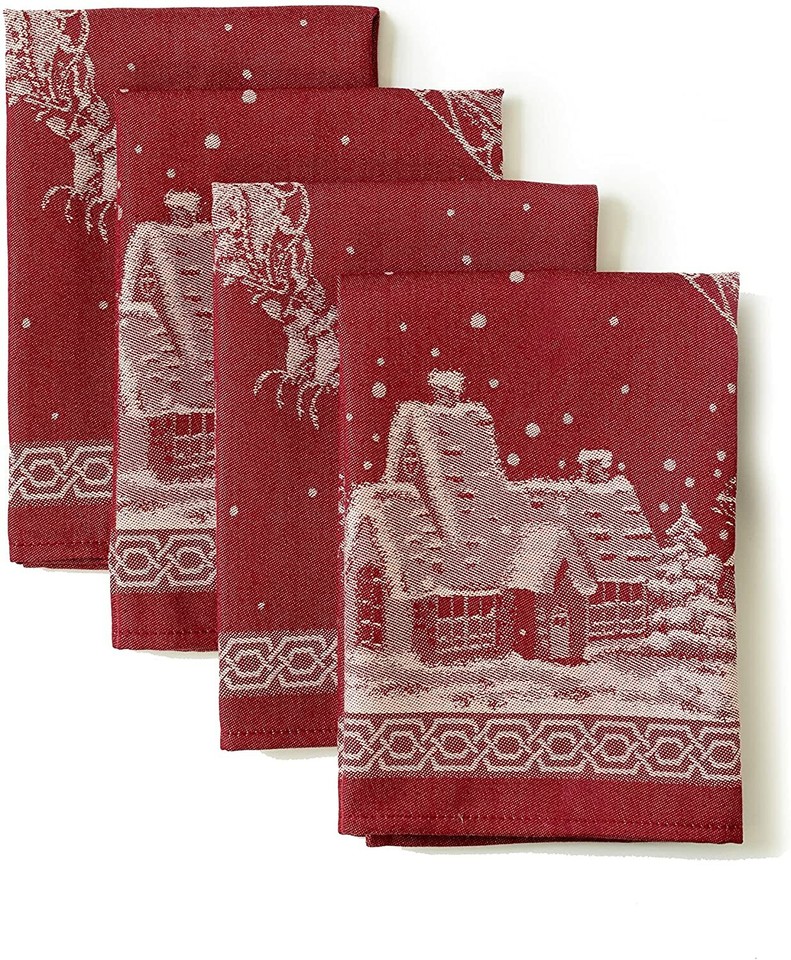 Red Winter Snow Scene Christmas Tablecloth Woven Fabric Poinsettia Xmas ...