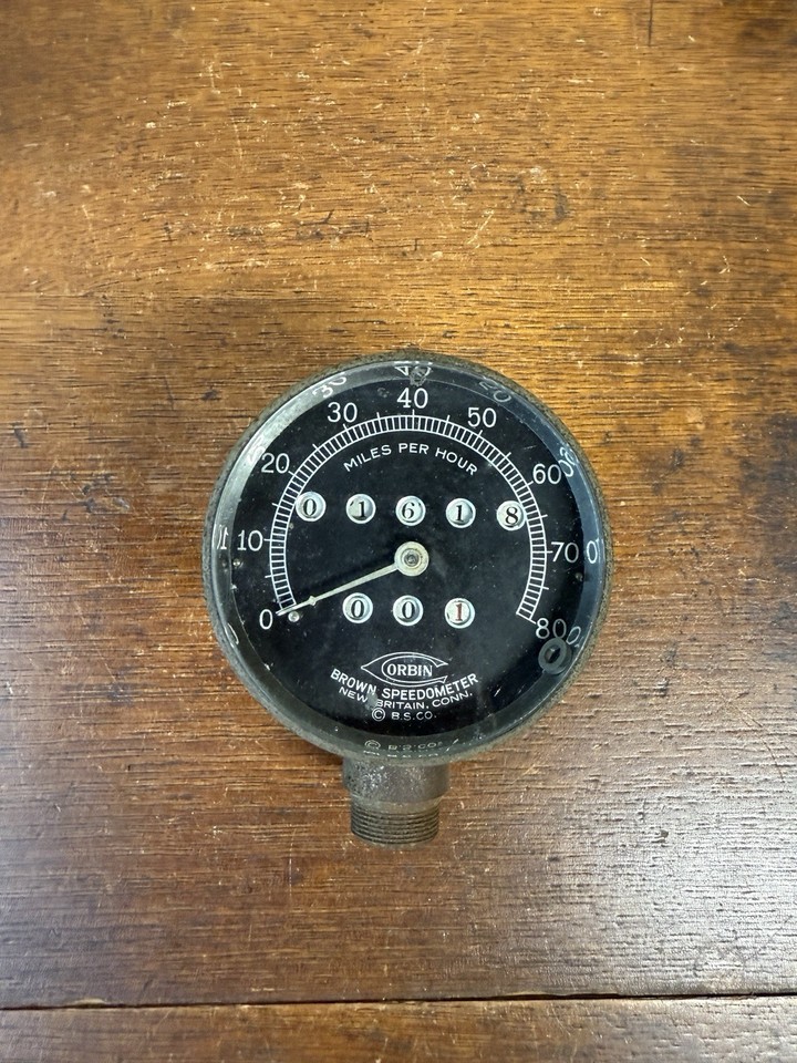 Intact EARLY CORBIN BROWN SPEEDOMETER 80 mph dial spins numbers move ...