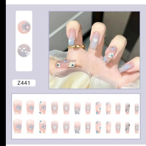 Press on Acrylic Fake Nails Coffin Clear Sky Blue Pink Patch Love Ship ...