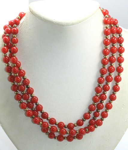 Vintage cherry red plastic bead gold tone flapper length 52" strand ...