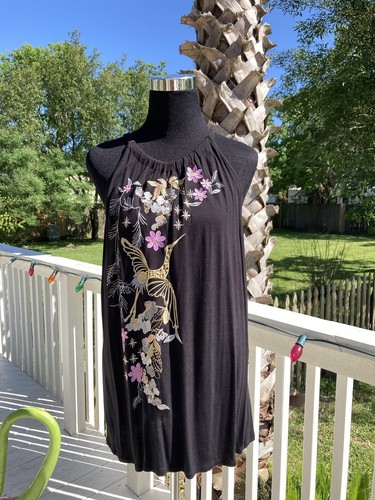 INC unique Halter Top XL BLACK w/ multi color embroidered scene with ...
