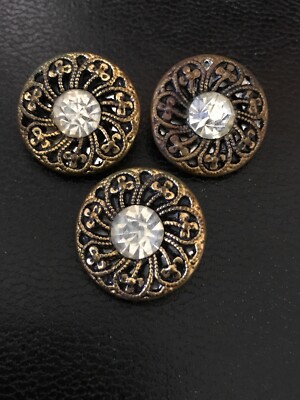Buttons 3 Rhinestone Filigree Vintage Paste Mirror Gold Tone Pot Metal ...