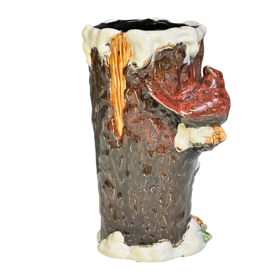 Christmas Tree Stump Ceramic 8" Vase Featuring Cardinals Berries ...
