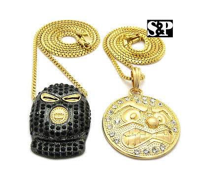Hip Hop Iced Glo Gang & Mask Man Pendant w/ 20" 24" Box Chain 2 ...