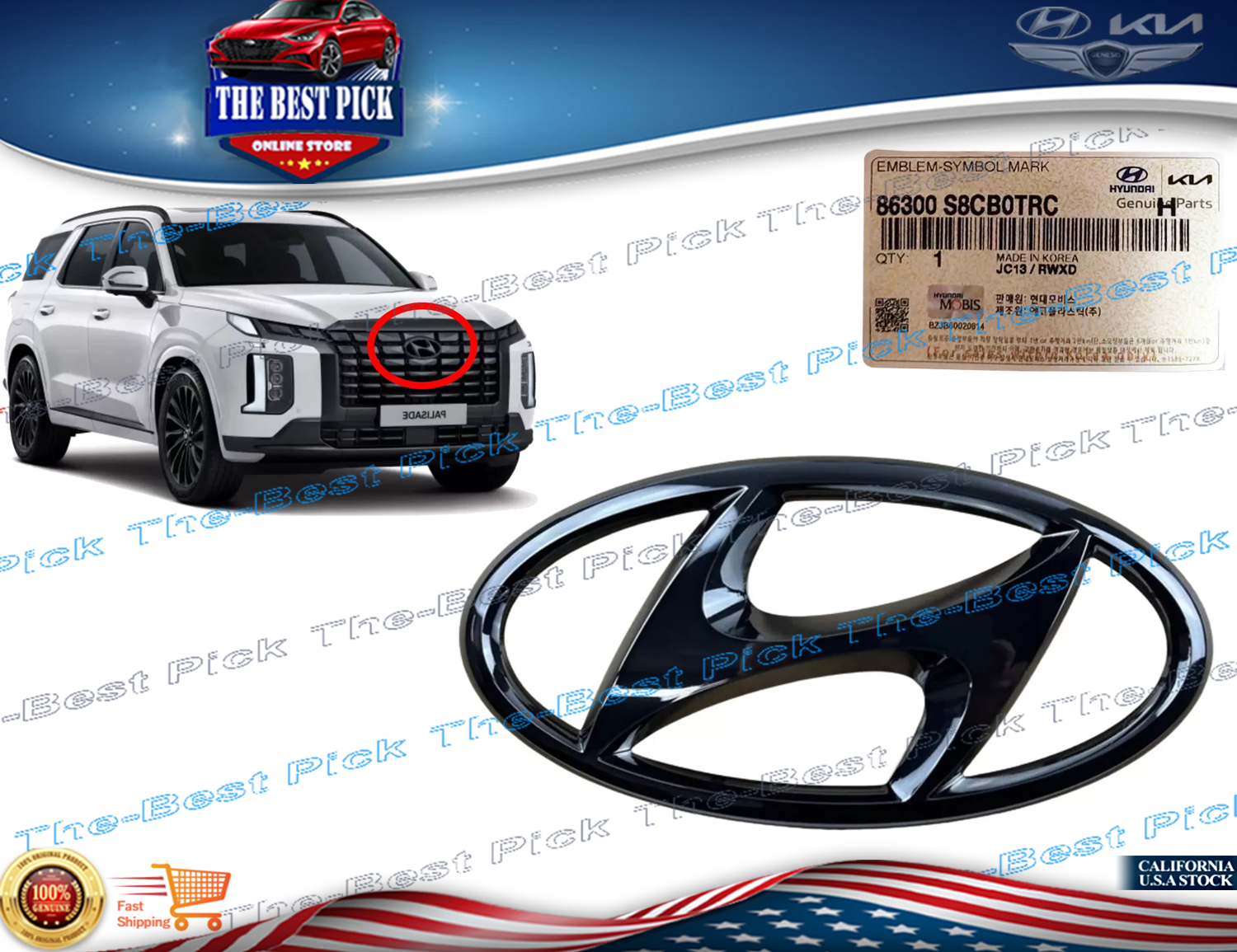 ⭐GENUINE⭐ FRONT Grille Emblem BLACK 86300S8CB0TRC Hyundai Palisade 2023 ...