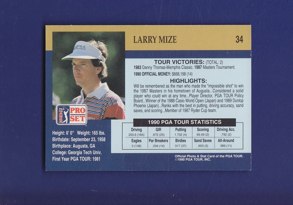 Larry Mize RC 1990 Pro Set PGA Tour Golf #34 (MINT) The Masters ...