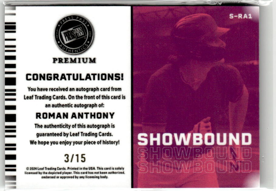 2024 Leaf Press Pass Premium #S-RA1 Roman Anthony SHOWBOUND Autograph ...
