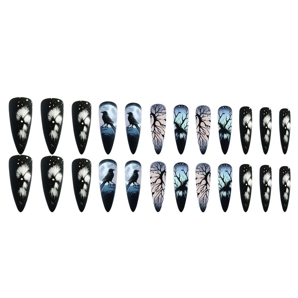 24PCS Gothic Press-On Nails - Crow & Moon Stiletto for Halloween | eBay
