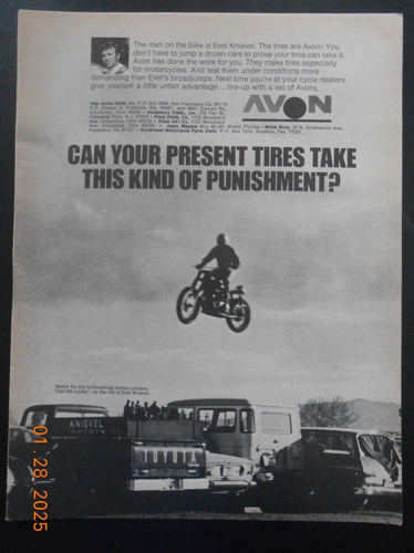 1976 Evel Knievel Call Me Lucky movie motorcycle Daredevil AVON Tires ...