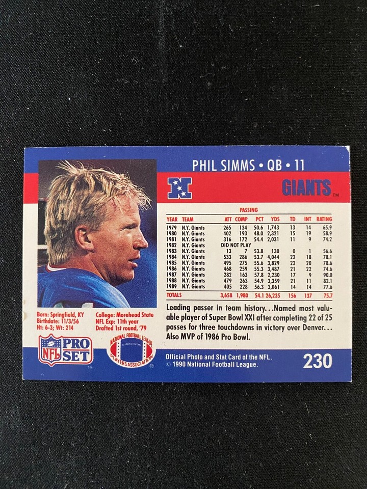 Phil Simms - 1990 NFL Pro Set #230 - New York Giants Football Card | eBay