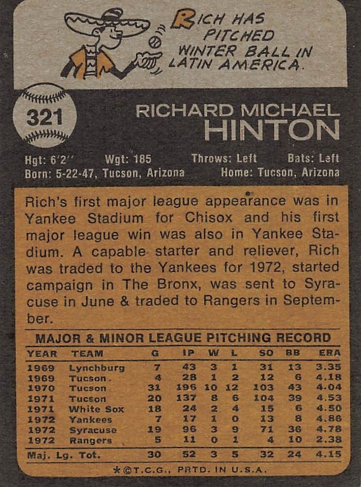 1973 Topps 321 Rich Hinton Texas Rangers Baseball Card, Pitcher, Near ...