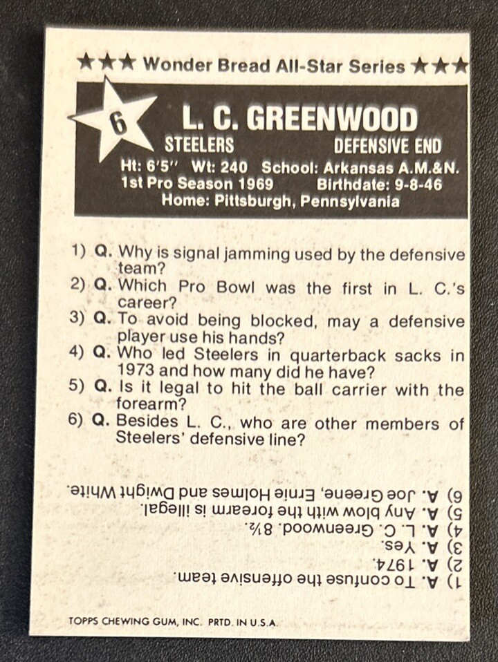 1975 Topps Wonder Bread L.C. Greenwood Card #6 Steelers Defensive End ...