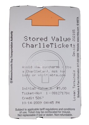 Boston Metro MBTA Charlie Subway Ticket Farecard fare card paper 2009 ...