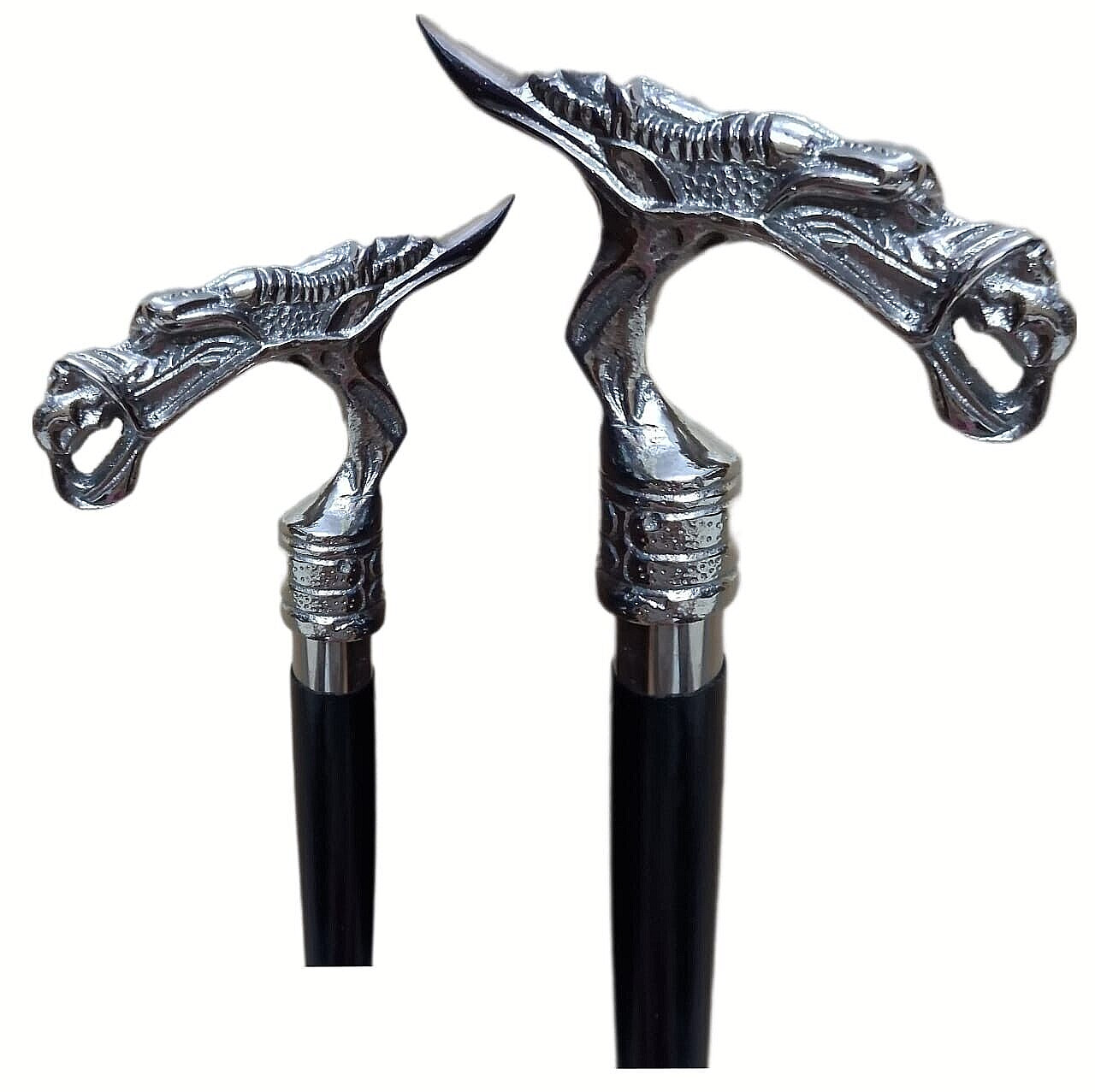 New Antique Silver Dragon Head Handle Black Wooden Wa… - Gem