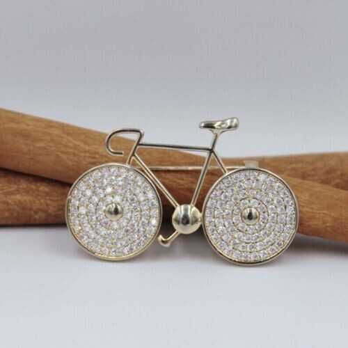 2Ct Round Cut Real Moissanite Bicycle Wedding Brooch Pin 14K Yellow ...