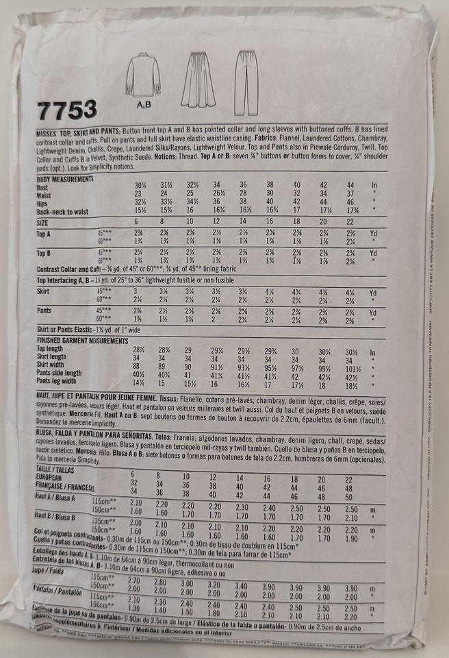 VINTAGE Simplicity 7753 Easy Top Skirt Pants Sz. 18-22 Cut | eBay