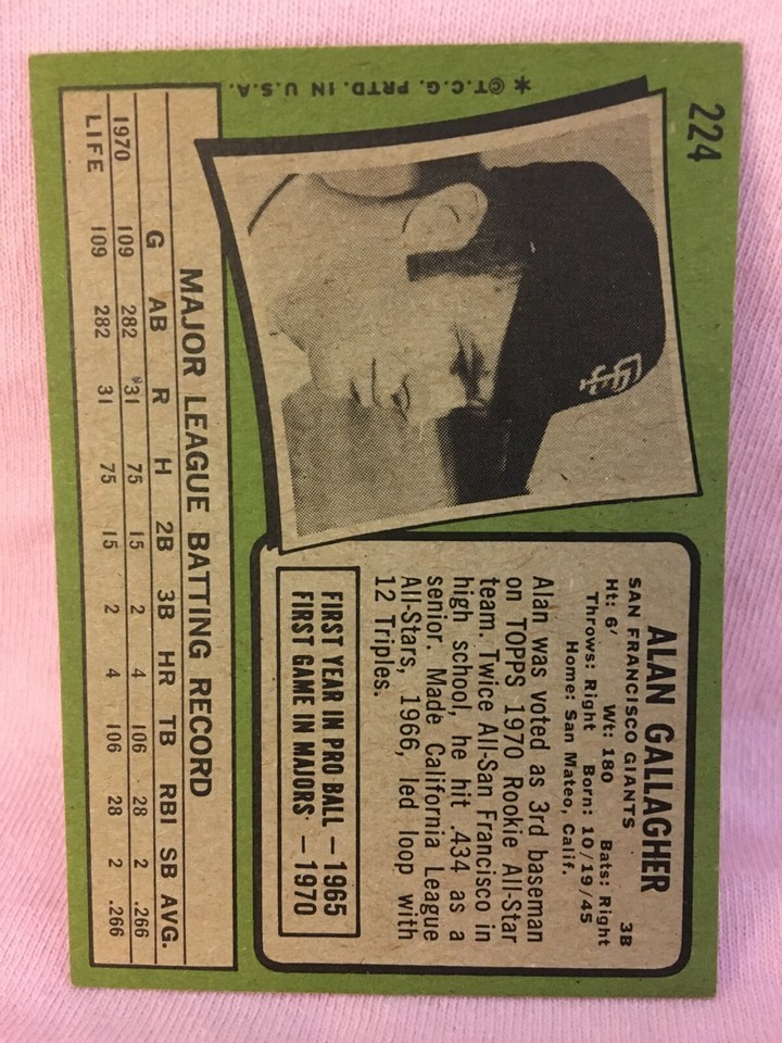Topps 1971 baseball card ALAN GALLAGHER, card #224, SAN FRANCISCO ...