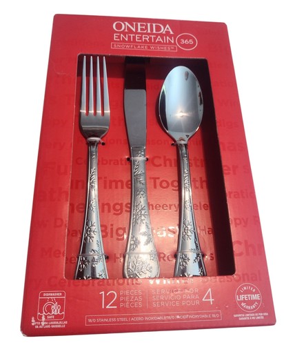 Oneida Snowflake Wishes Holiday Design 12Pc Stainless Flatware Set ...