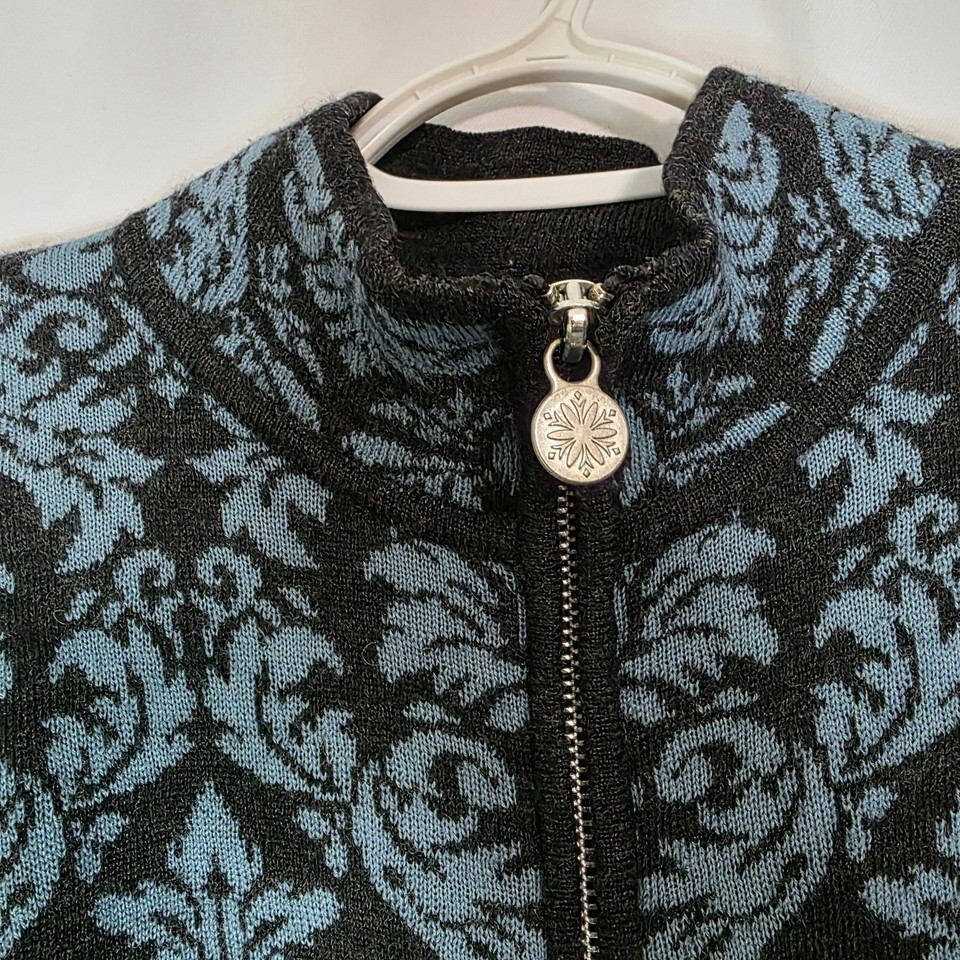 100% Wool Zip Sweater Jacket Blue Black Nordic Chalet Ski Lodge Damask ...