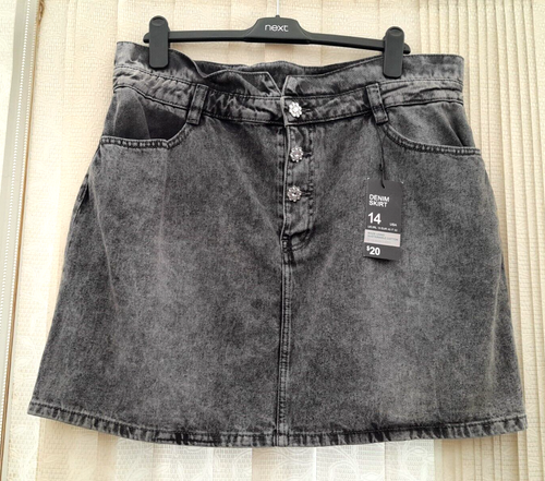 BNWT black denim pocket A-line skirt with diamonte flower buttons ...