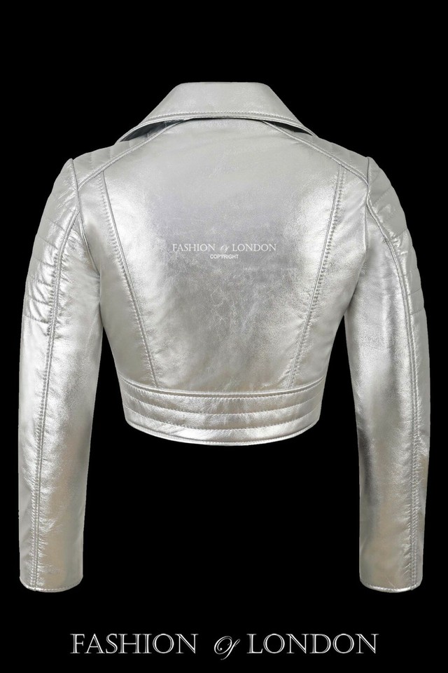 PROVOCATIVE Cropped Ladies Leather Jacket Silver Biker Rock Style Short ...