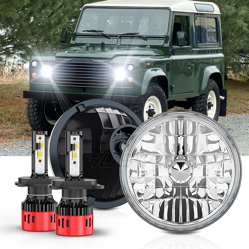 Fit Land Rover Defender 90 110 Pair 7" inch Round LED Headlights DRL Hi ...
