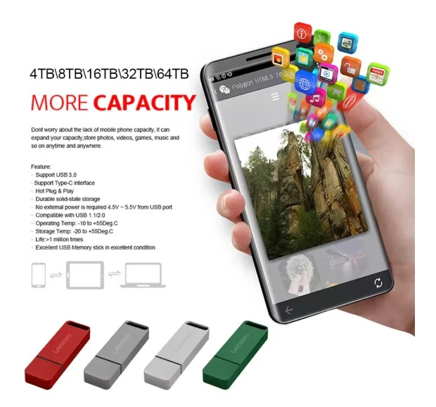 Lenovo 64TB USB Flash Drives USB3.2 Super High Speed Transfer PenDrive ...