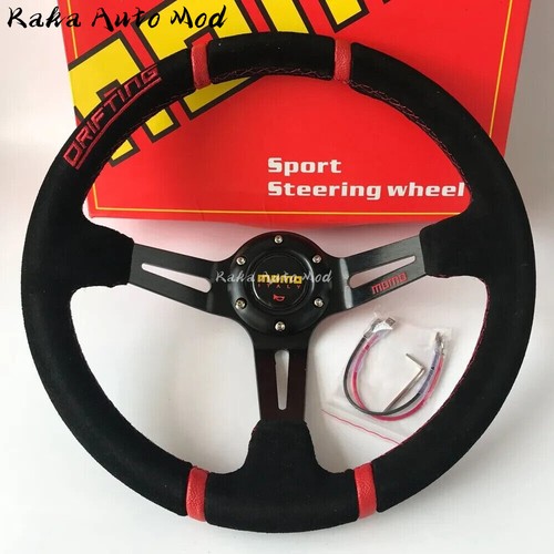 Universal Suede Deep Dish Racing Steering Wheel Black w/ Red Embroidery ...