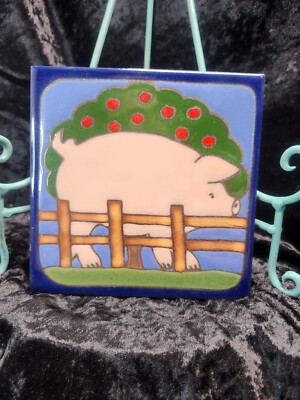 Tile Hand Painted Pig with Apple Tree Original Art by Pacific Blue ...
