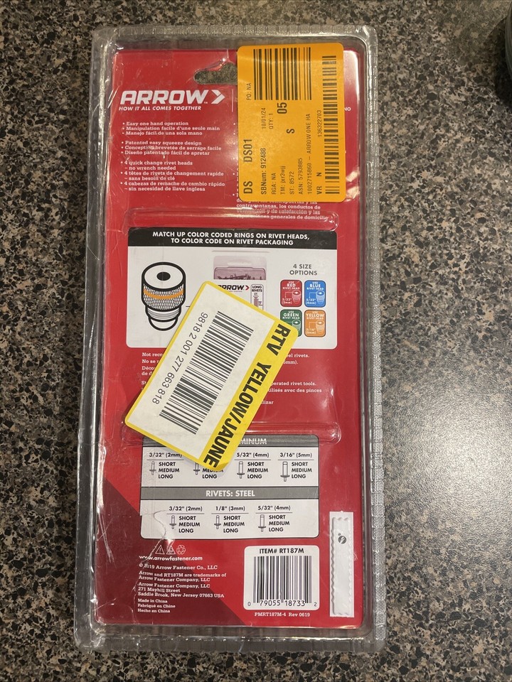 Arrow One Hand Rivet Tool - RT187M - Red & Black Portable No Slip Easy ...