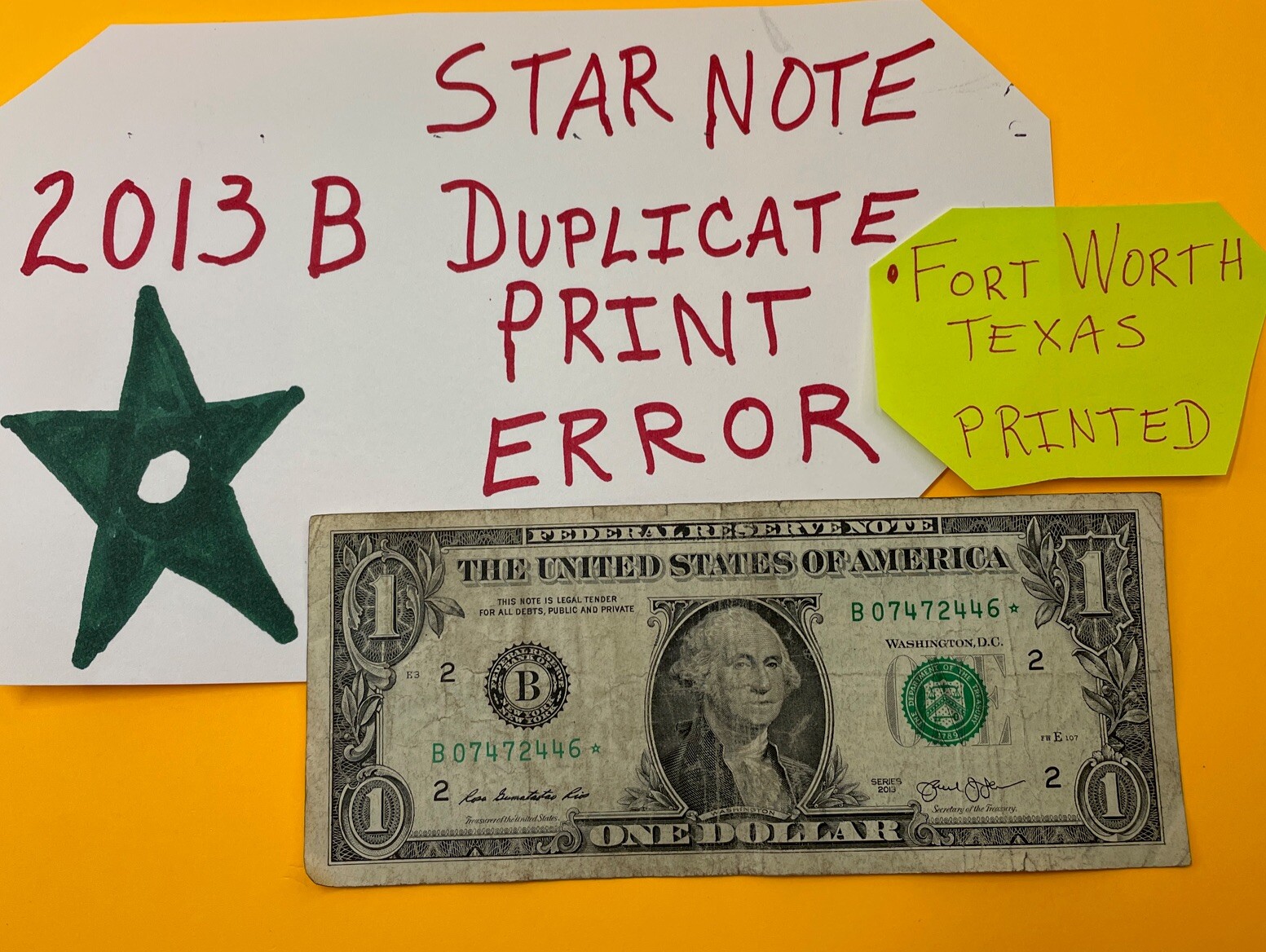 2013 B Duplicate Print Error $1 B 08286763* FW Fancy Serial Numbers ...