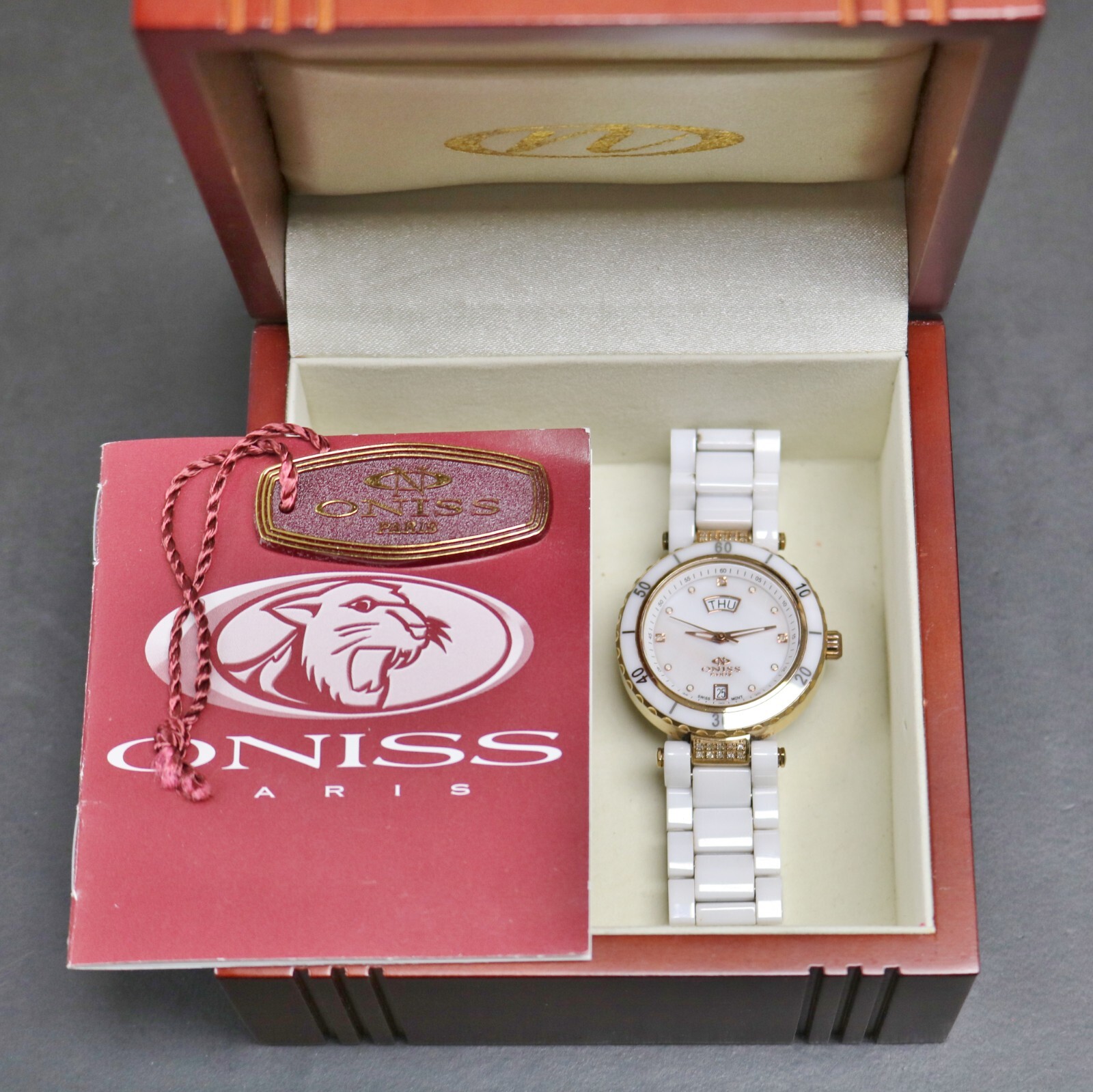 Oniss MOP Diamond Dial White Ceramic & St. Steel Day Date Watch ON642 ...