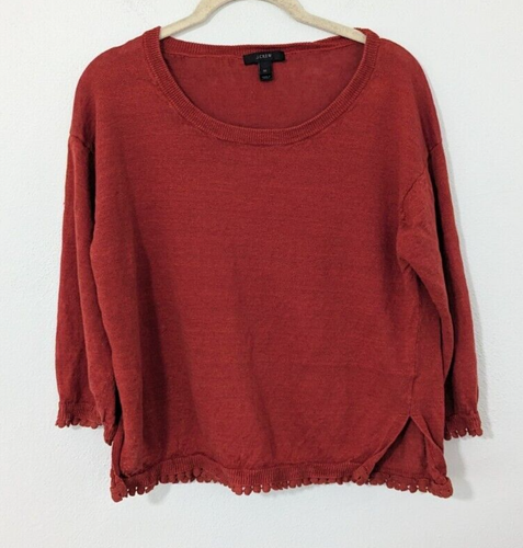 J. Crew 100% Linen Pom Pom Trim Three Quarter Sleeve Top Rust Orange ...