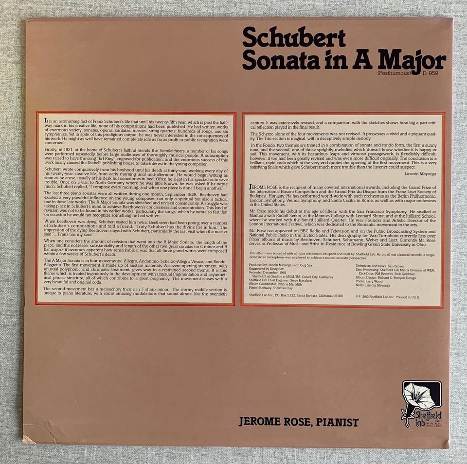 JEROME ROSE SCHUBERT SONATA IN A MAJOR SHEFFIELD LAB 19 | eBay