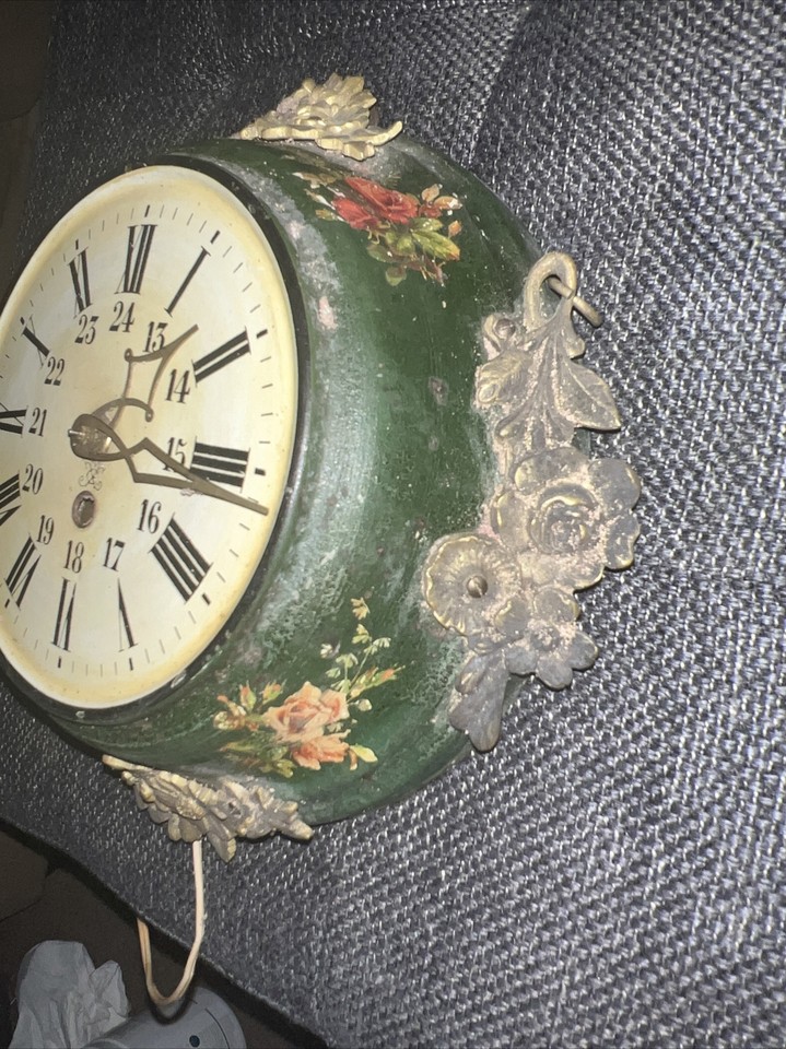 Vintage Antique French Bakers Clock 19th C. Brass Mounts Green Floral ...