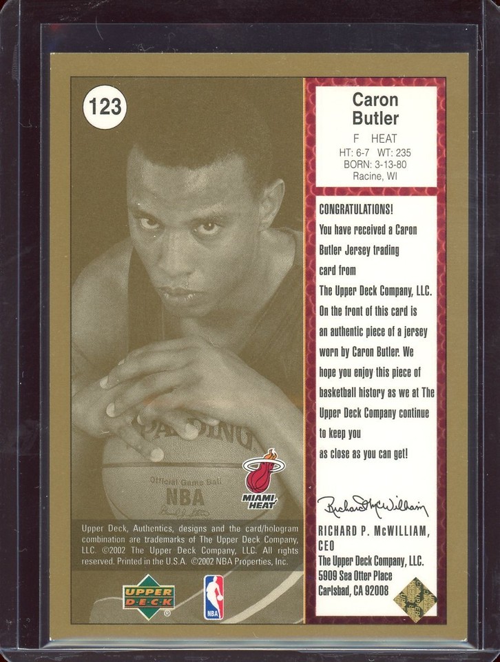 2002 Upper Deck Caron Butler UD Authentics Rookie Gold 90/100 #123 ...