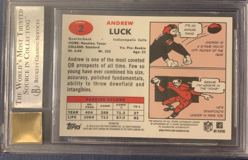 2012 Topps Chrome Andrew Luck Auto RC 1957 Refractor SSP Rookie 9 With ...